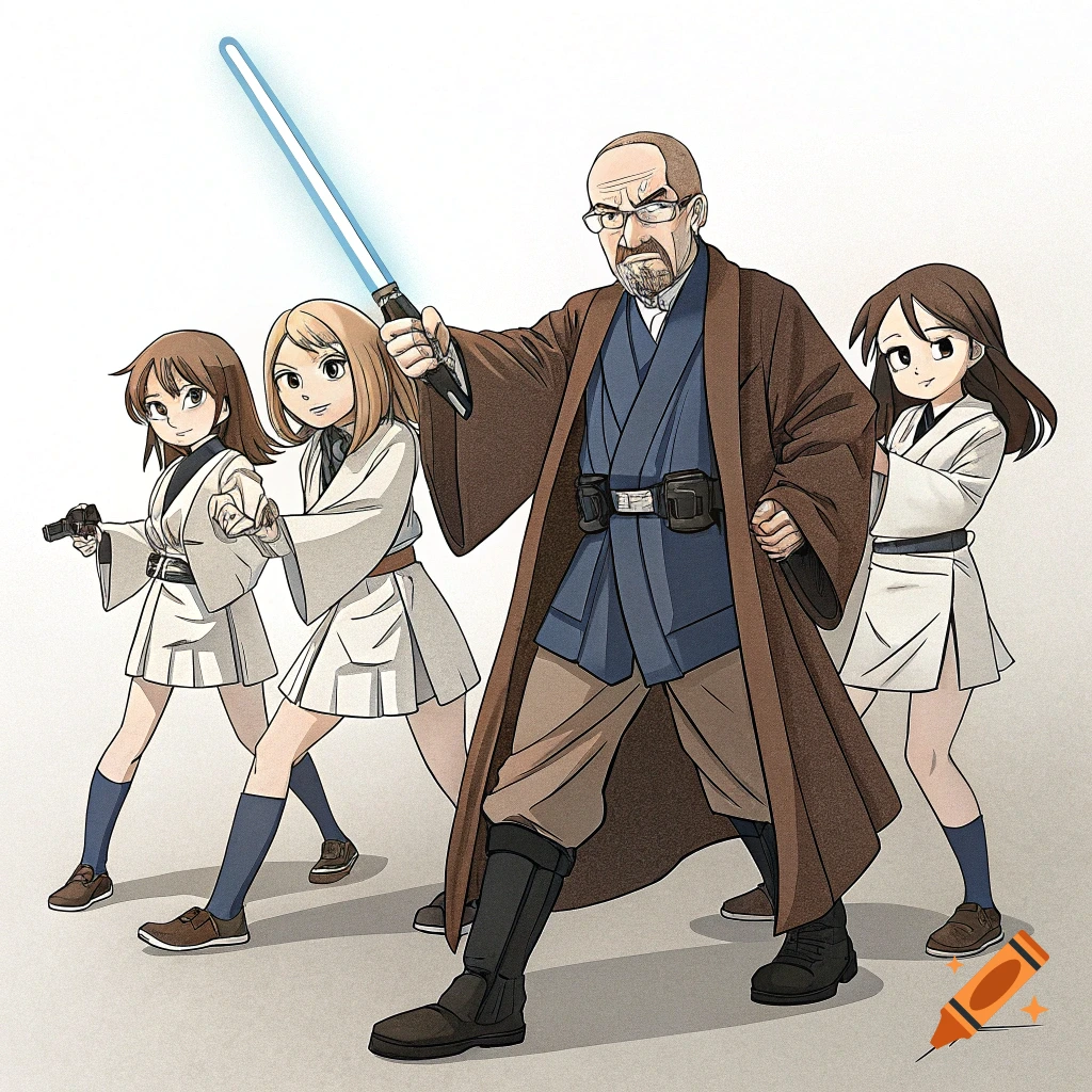 Cartoon of Walter White as a Jedi with three young female Jedi, holding ...