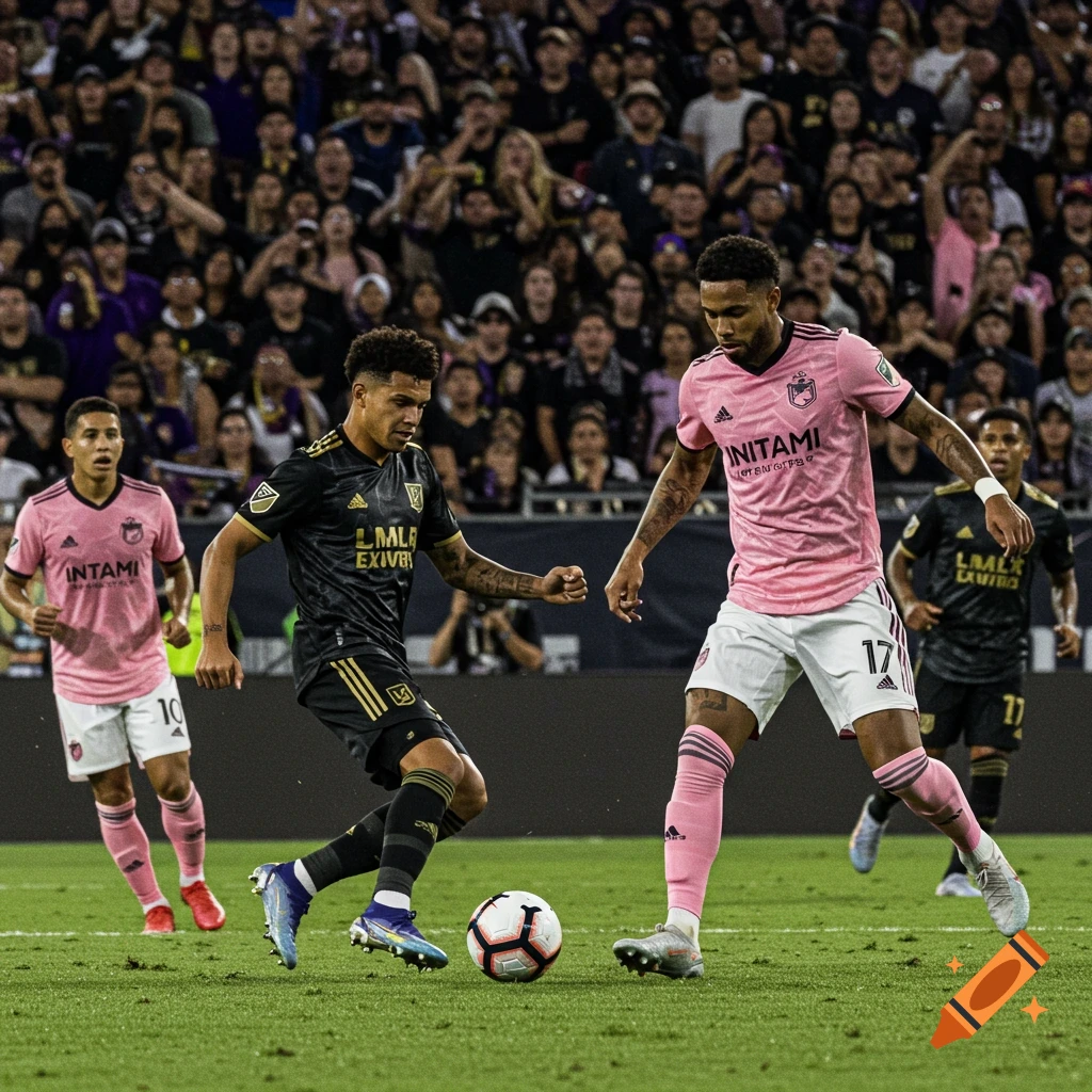 Soccer players in black and pink jerseys compete for the ball on a ...