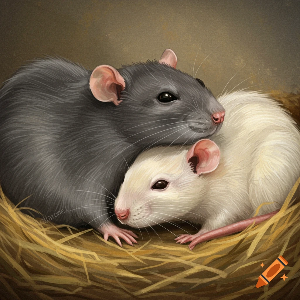 A grey rat and a white rat cuddling in a straw nest. on Craiyon