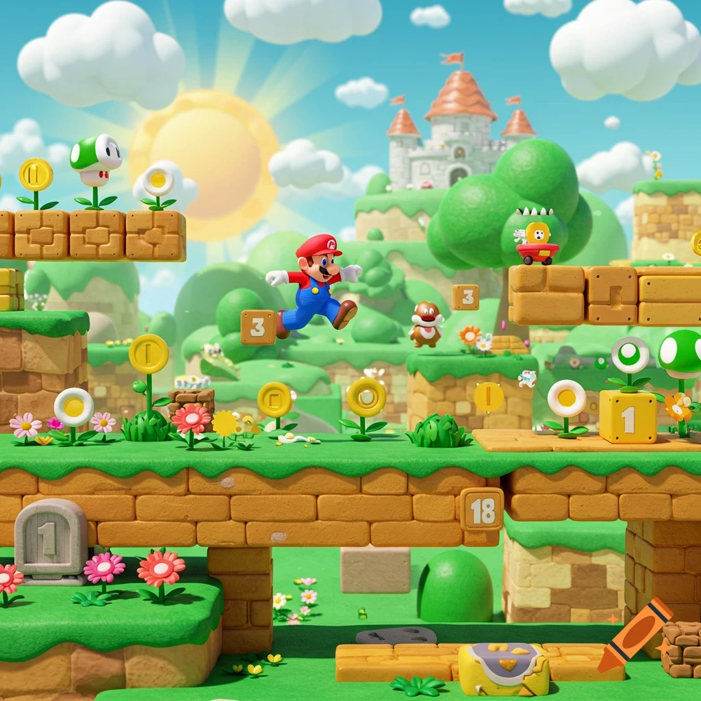 Mario jumps over blocks in a bright 3D game level with enemies, coins ...