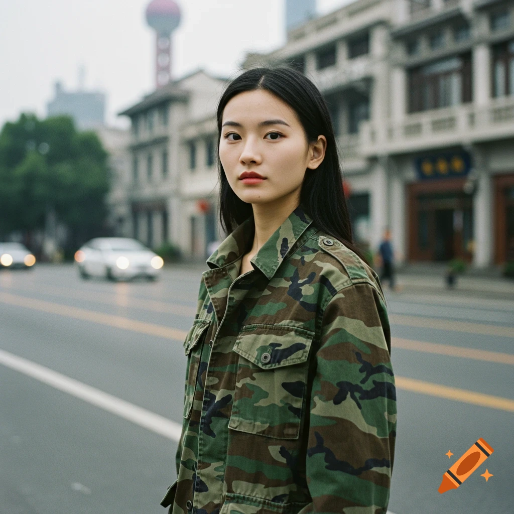 Woman wearing M-65 camouflage jacket in Shanghai streets on Craiyon