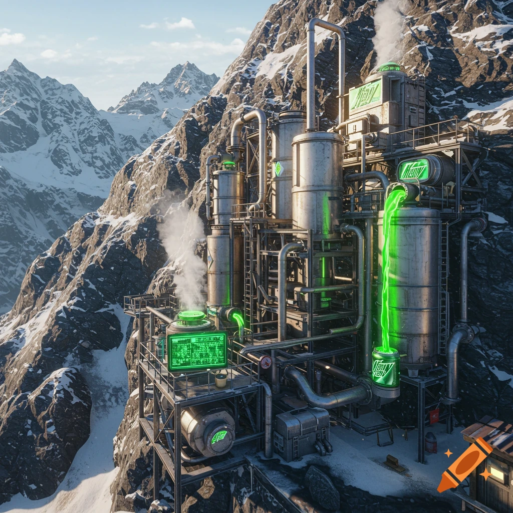 A sci-fi factory built into a snowy mountain processing glowing green ...