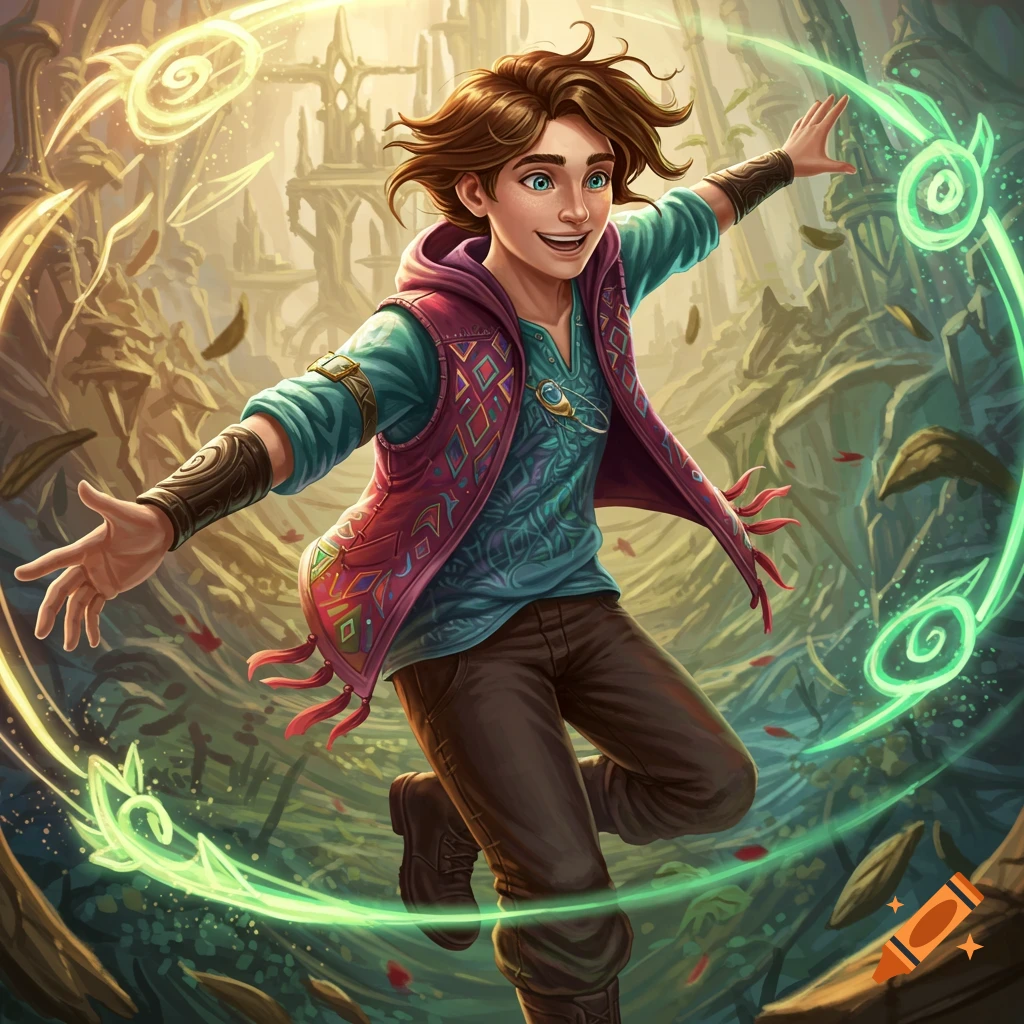 Illustration of a cheerful young person casting green magic spells in a ...