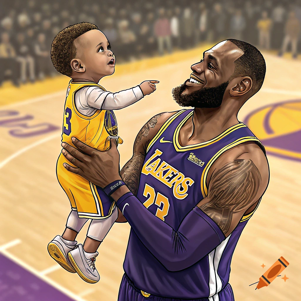 Stylized illustration of LeBron James holding baby Steph Curry on a ...