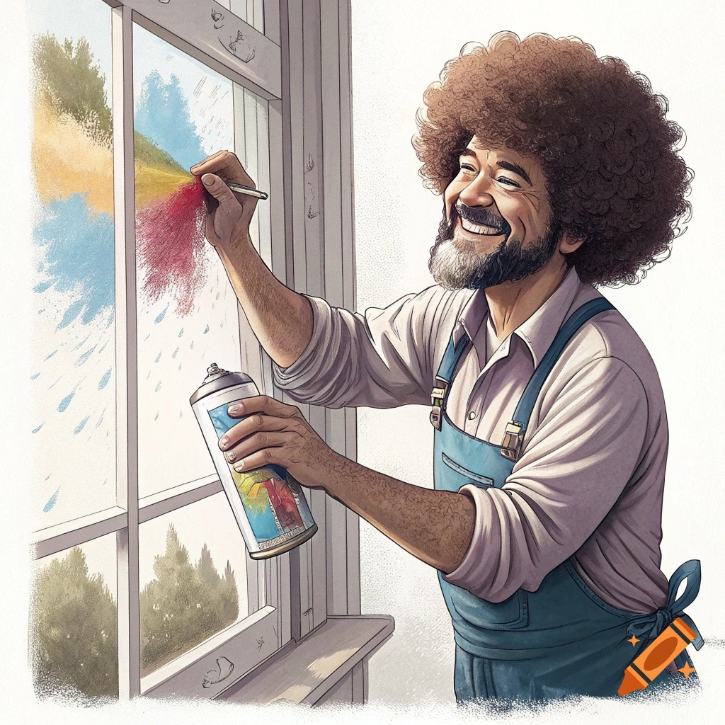 Illustration of Bob Ross smiling while spray painting a window. on Craiyon