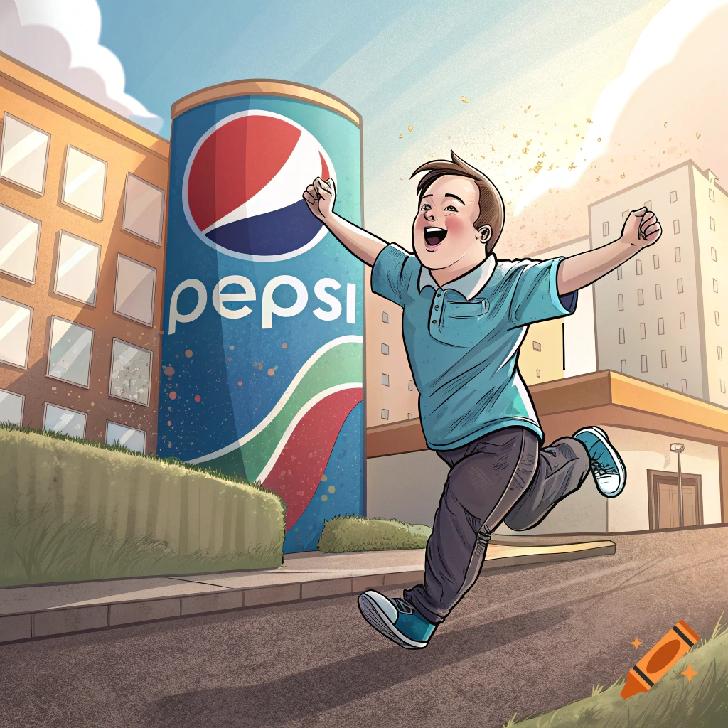 Cartoon boy running from giant Pepsi can in city street. on Craiyon