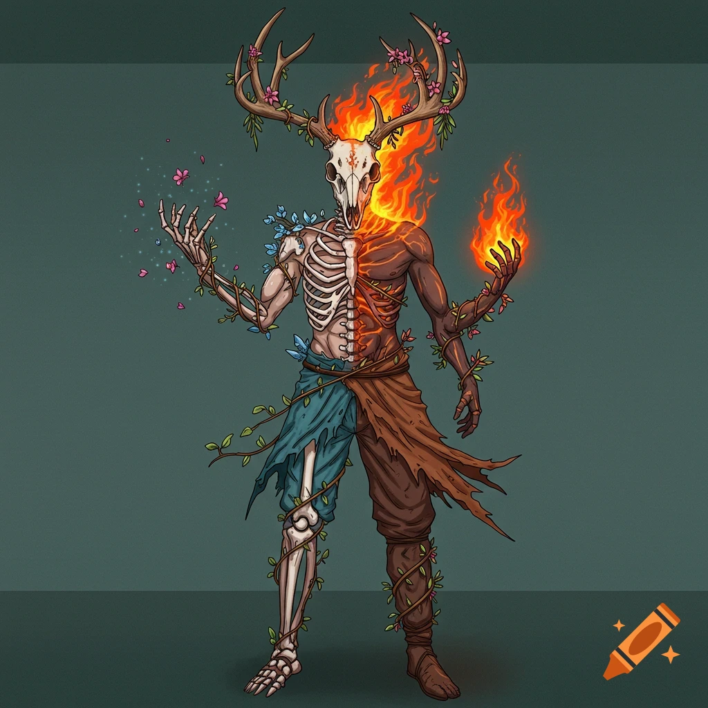 SNES style art of Dahm de na Rotha, a deer skull man with fire and ice ...