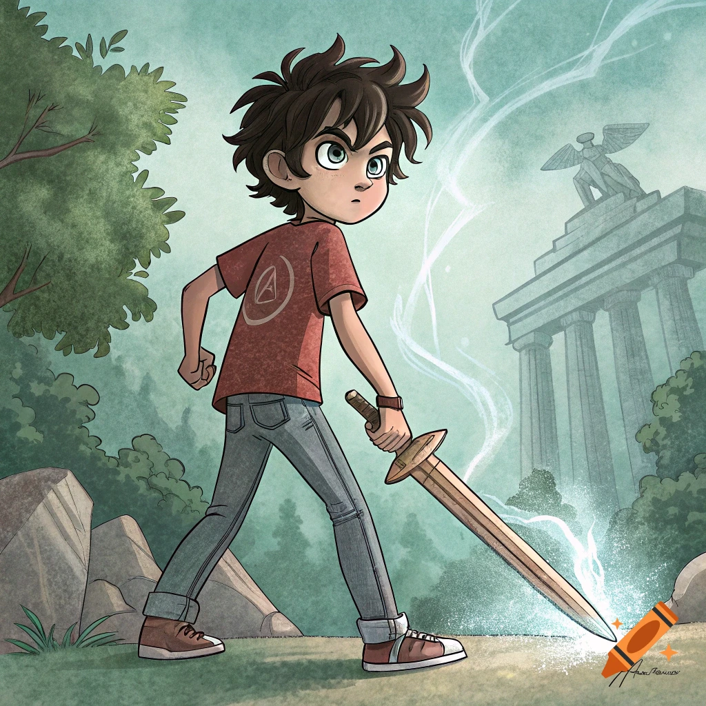 Cartoon illustration of a young boy with a sword standing in front of ...