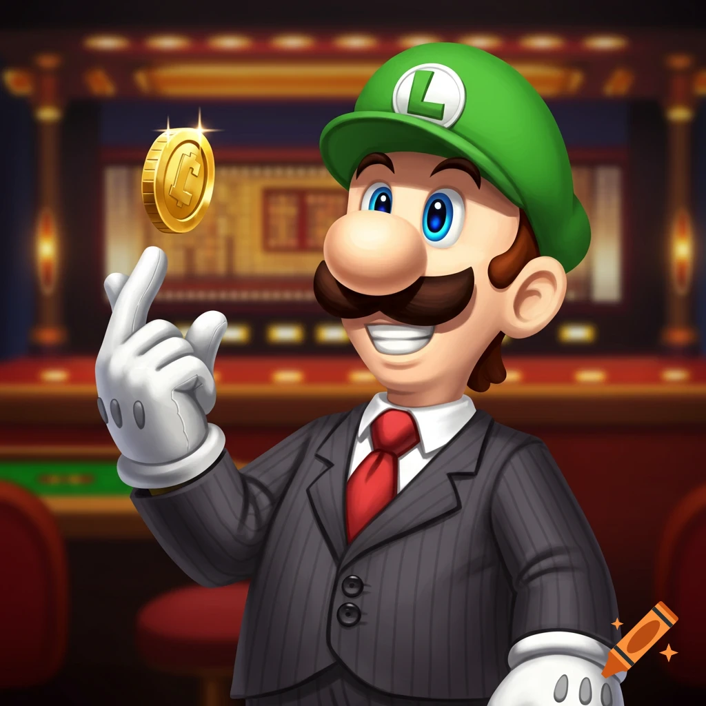 Luigi in a suit flipping a golden coin in a casino-like setting on Craiyon