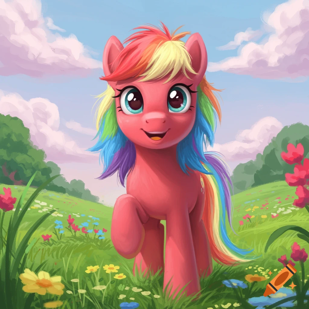 A pink pony with rainbow mane and tail stands in a field of flowers under a cloudy sky. on Craiyon