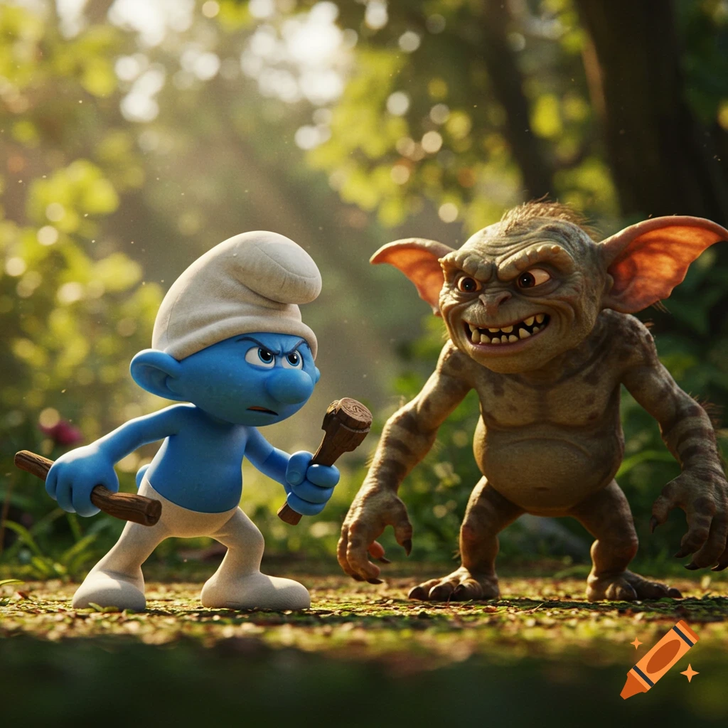 Photorealistic Smurf holding a stick confronting a menacing goblin in a ...