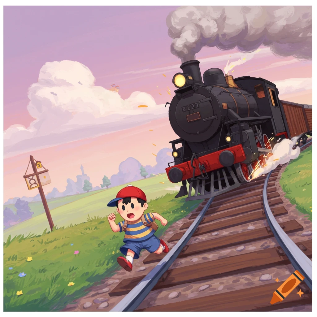 Illustrative image of a cartoon boy running beside a train. on Craiyon