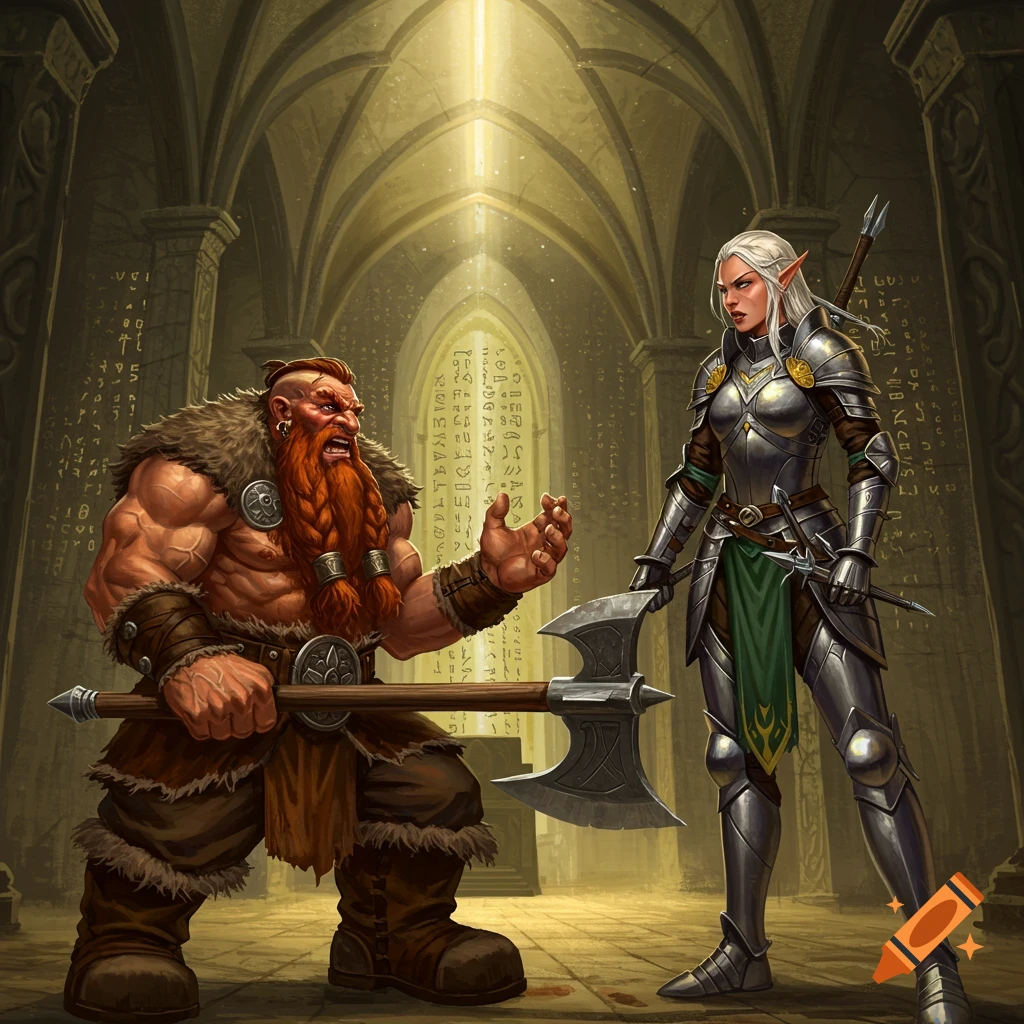 A muscular dwarf with a red beard argues with an elf knight in a ...