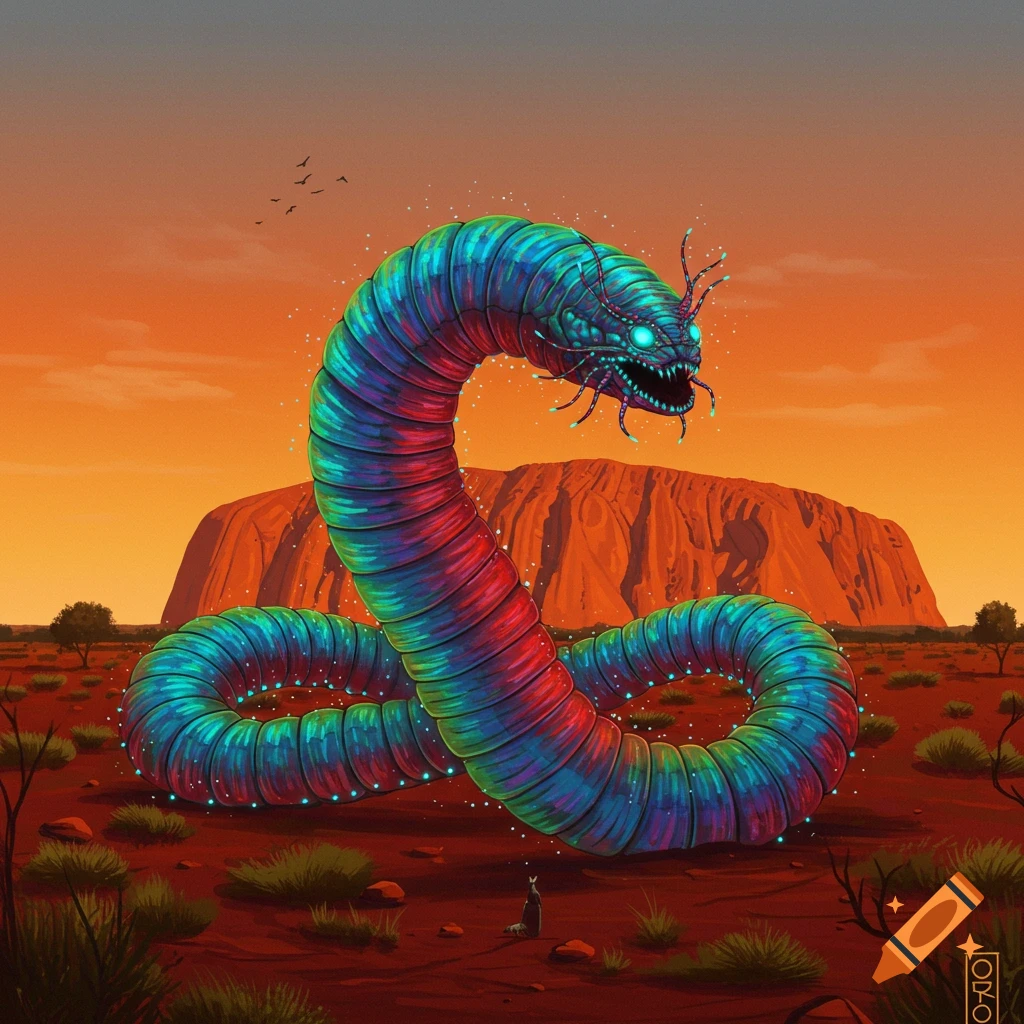 Giant colorful segmented worm creature standing in a desert landscape ...