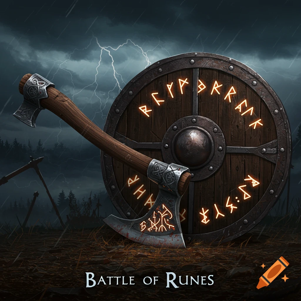 Viking shield with glowing red runes around a Mythosaur skull symbol ...