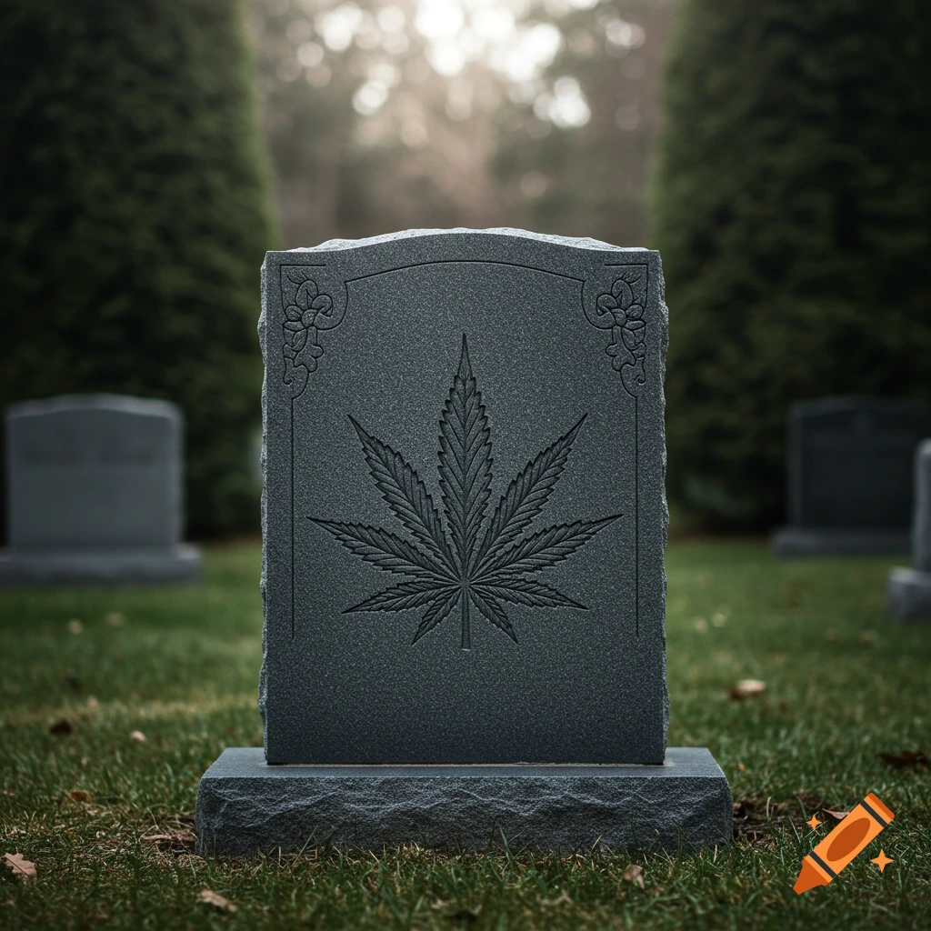 A gray gravestone with a carved marijuana leaf stands in a misty ...