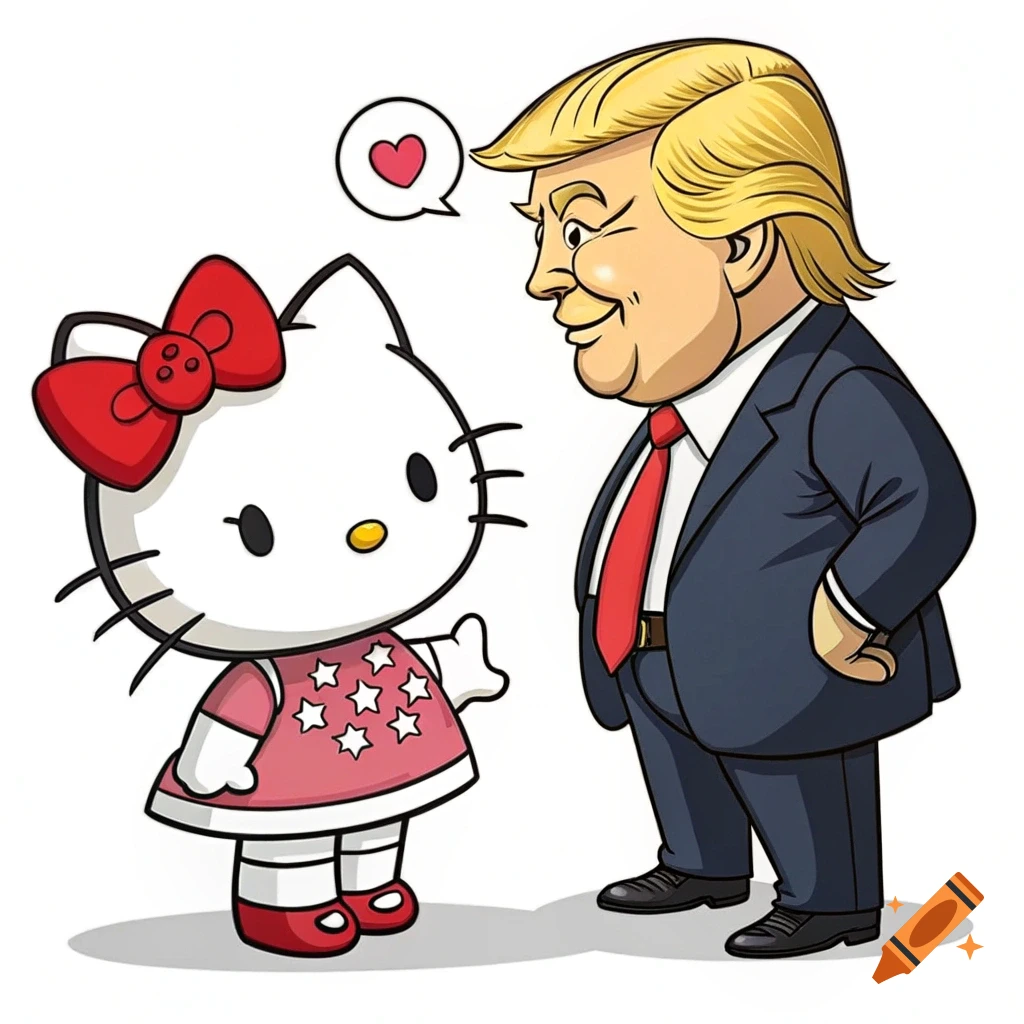 Cartoon of Hello Kitty looking at a cartoon Donald Trump with a heart ...