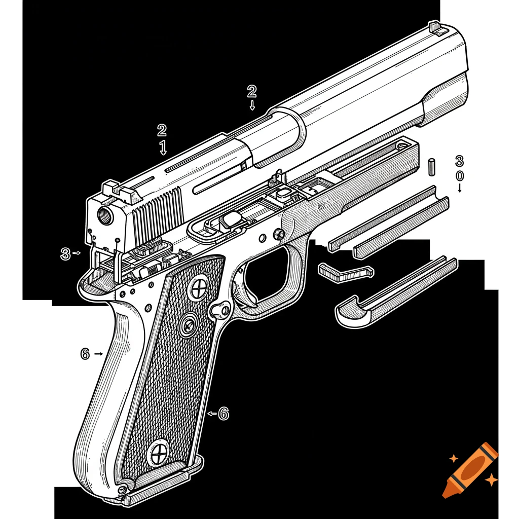 Black and white technical diagram of a disassembled pistol on Craiyon
