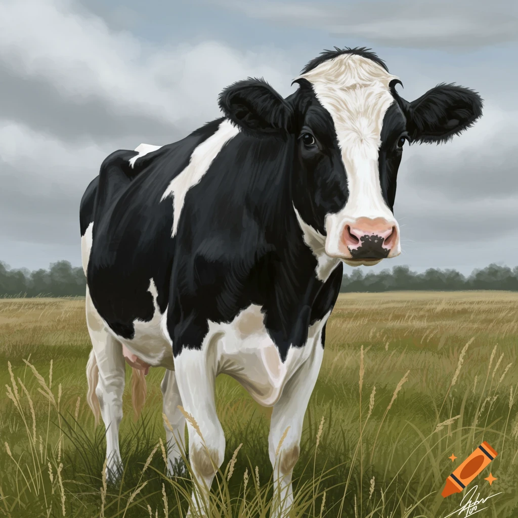 A black and white cow stands in a field under a cloudy sky. on Craiyon