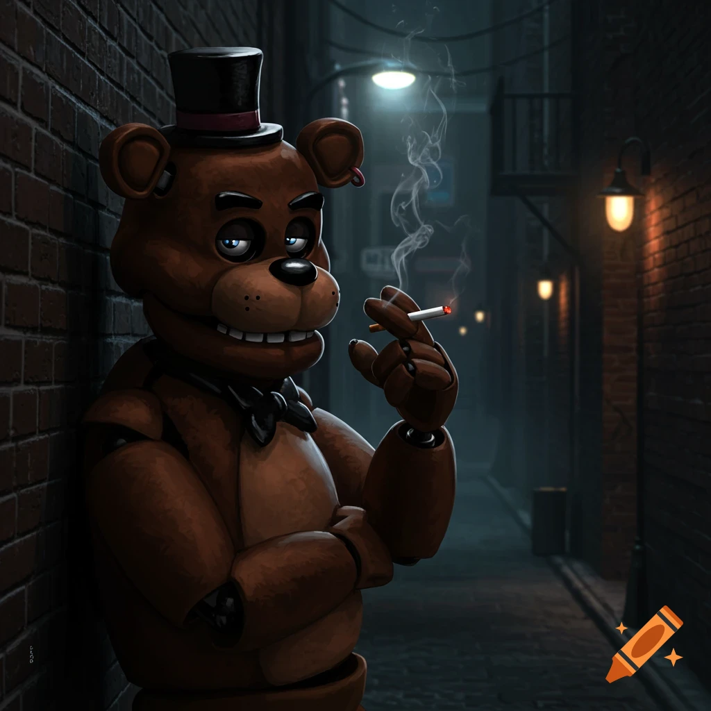 Freddy Fazbear from Five Nights at Freddy's leaning against a brick ...