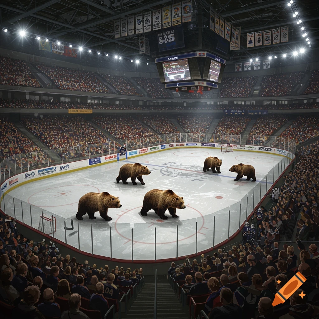 An ice hockey game in a large arena filled with spectators. on Craiyon