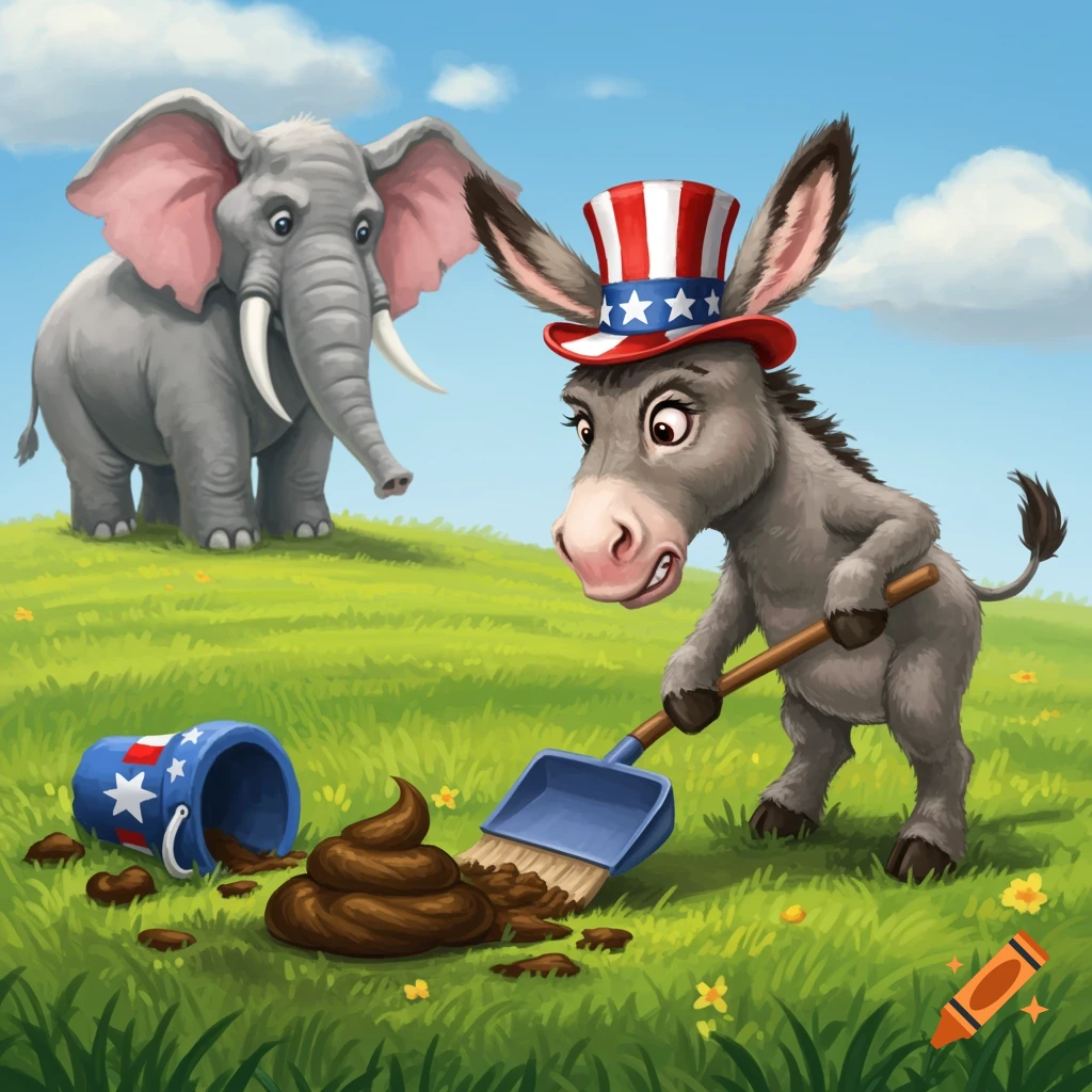 Democratic donkey with USA top hat cleaning up elephant poop on Craiyon