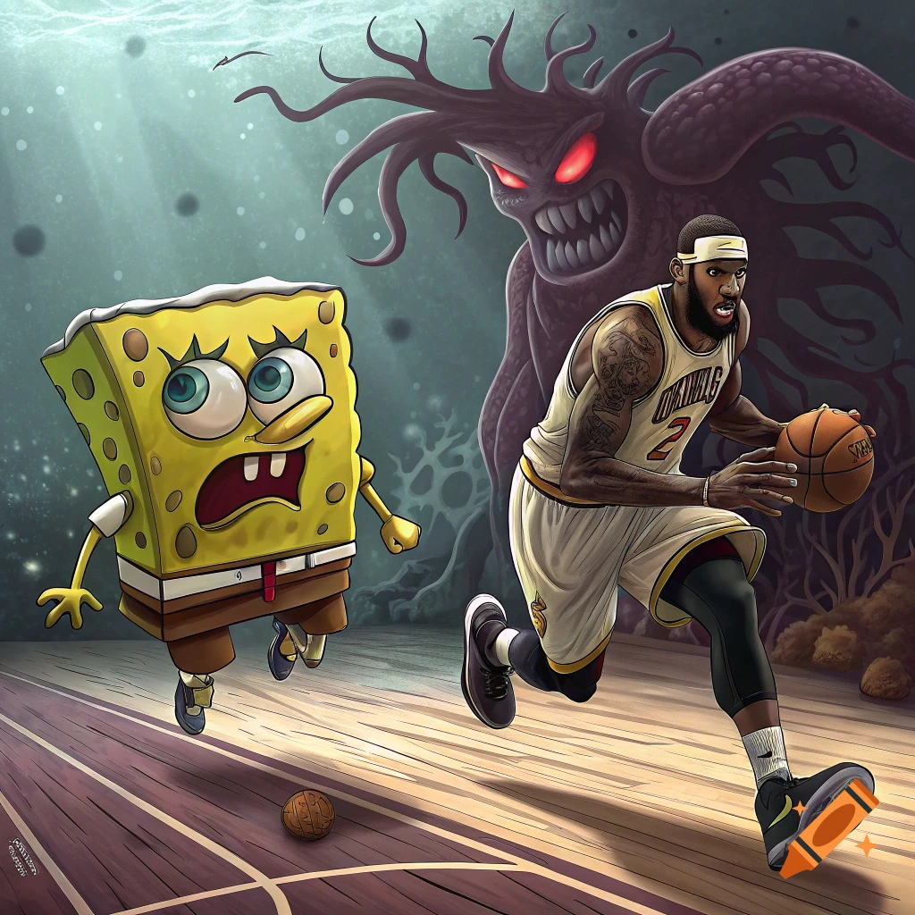 LeBron James running from an evil SpongeBob on Craiyon