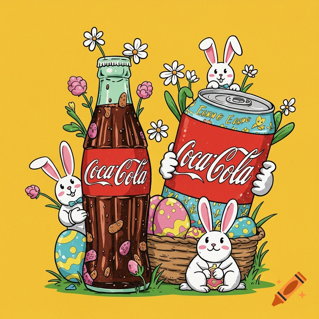 Cartoon Easter scene with rabbits, decorated eggs, Coca-Cola bottle and ...
