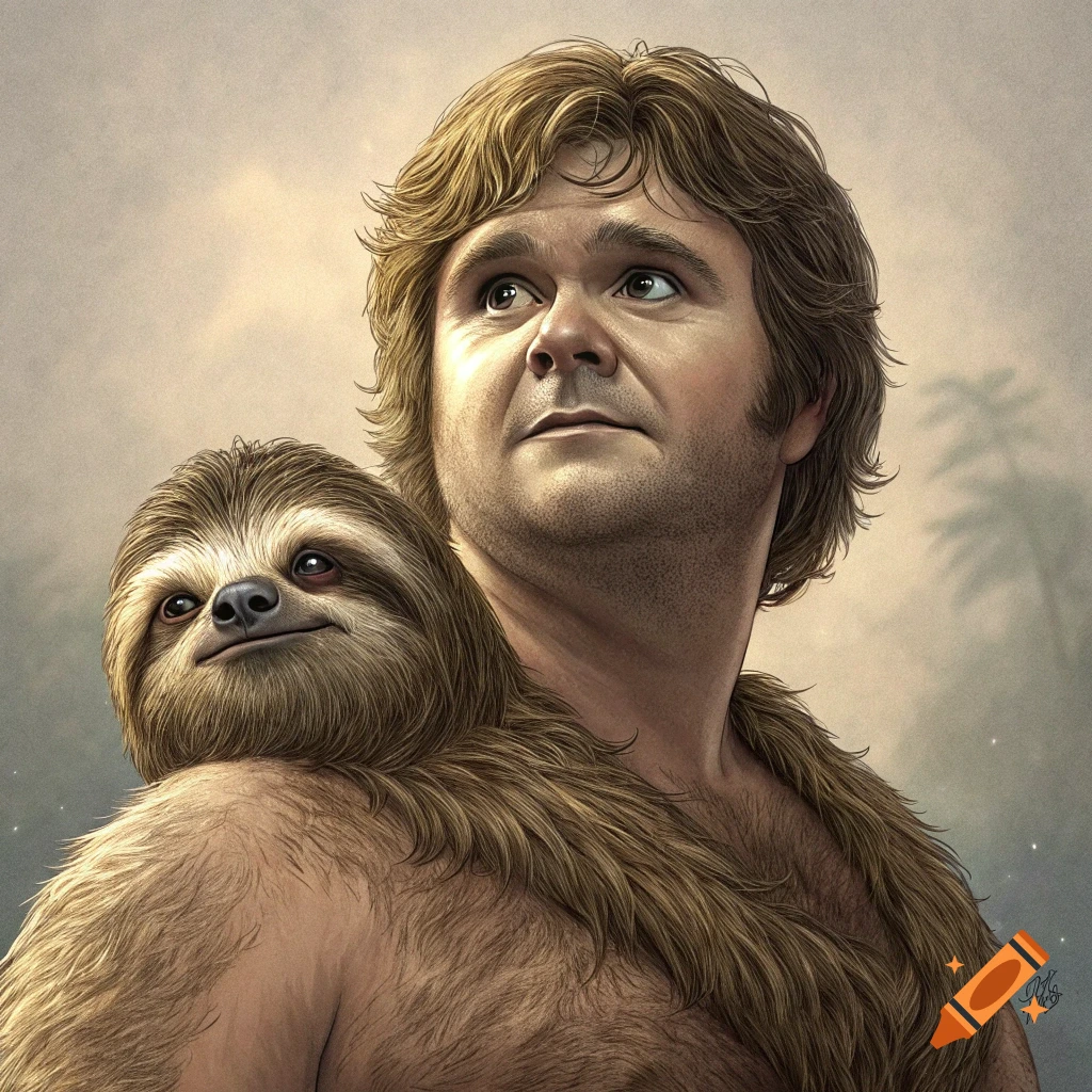An illustrated portrait of a man with a sloth on his shoulder. on Craiyon