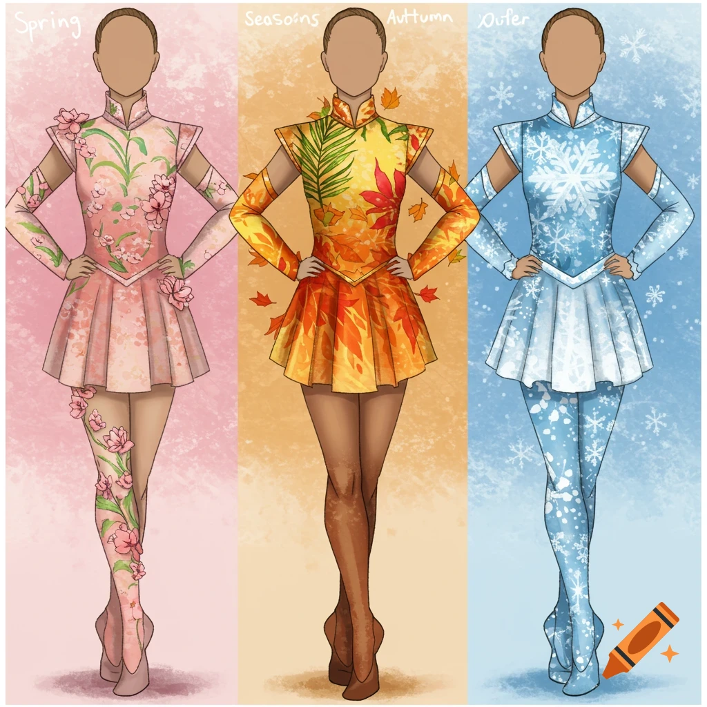 Illustration of three color guard uniforms themed for spring, autumn ...