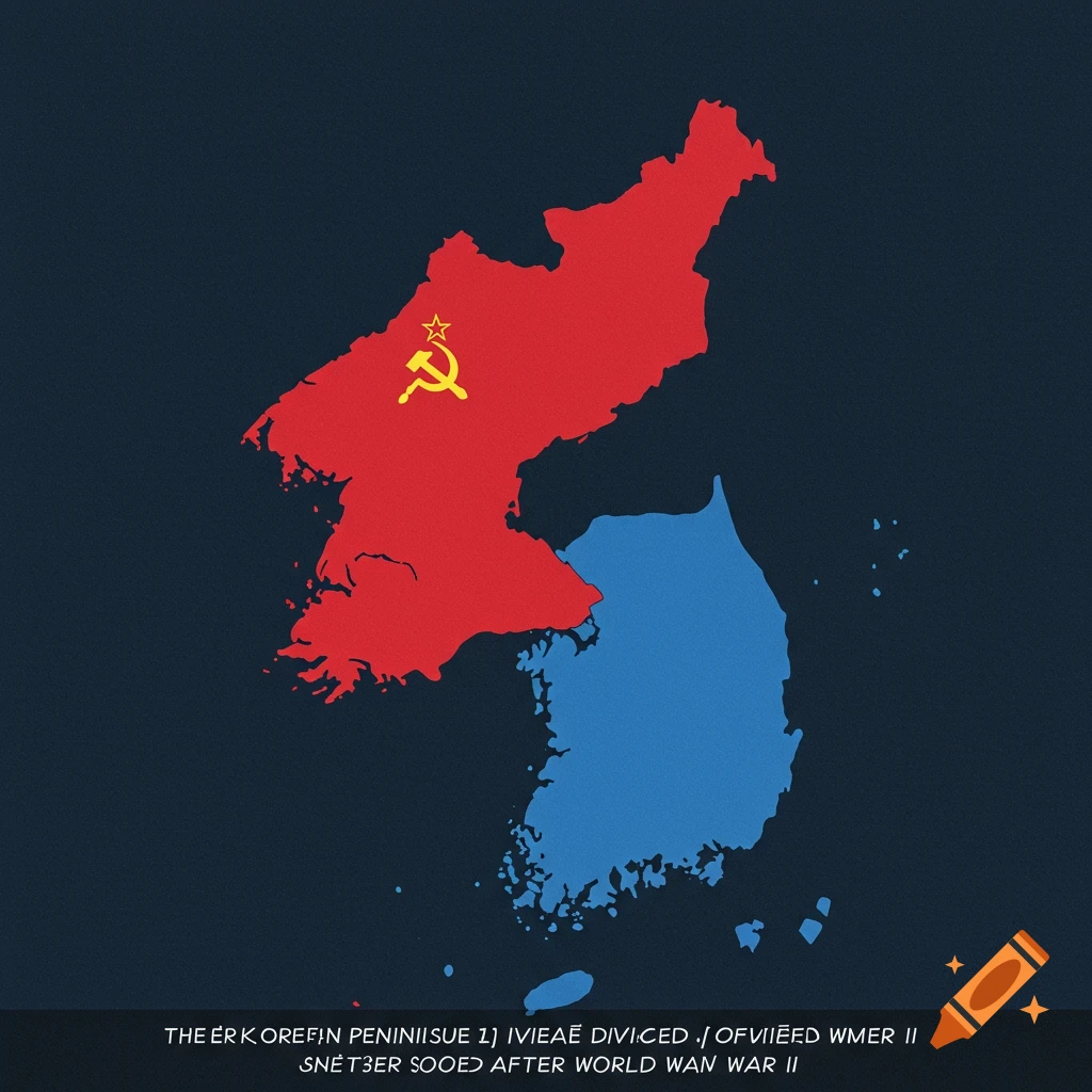 Map of the divided Korean peninsula with red North Korea and blue South ...