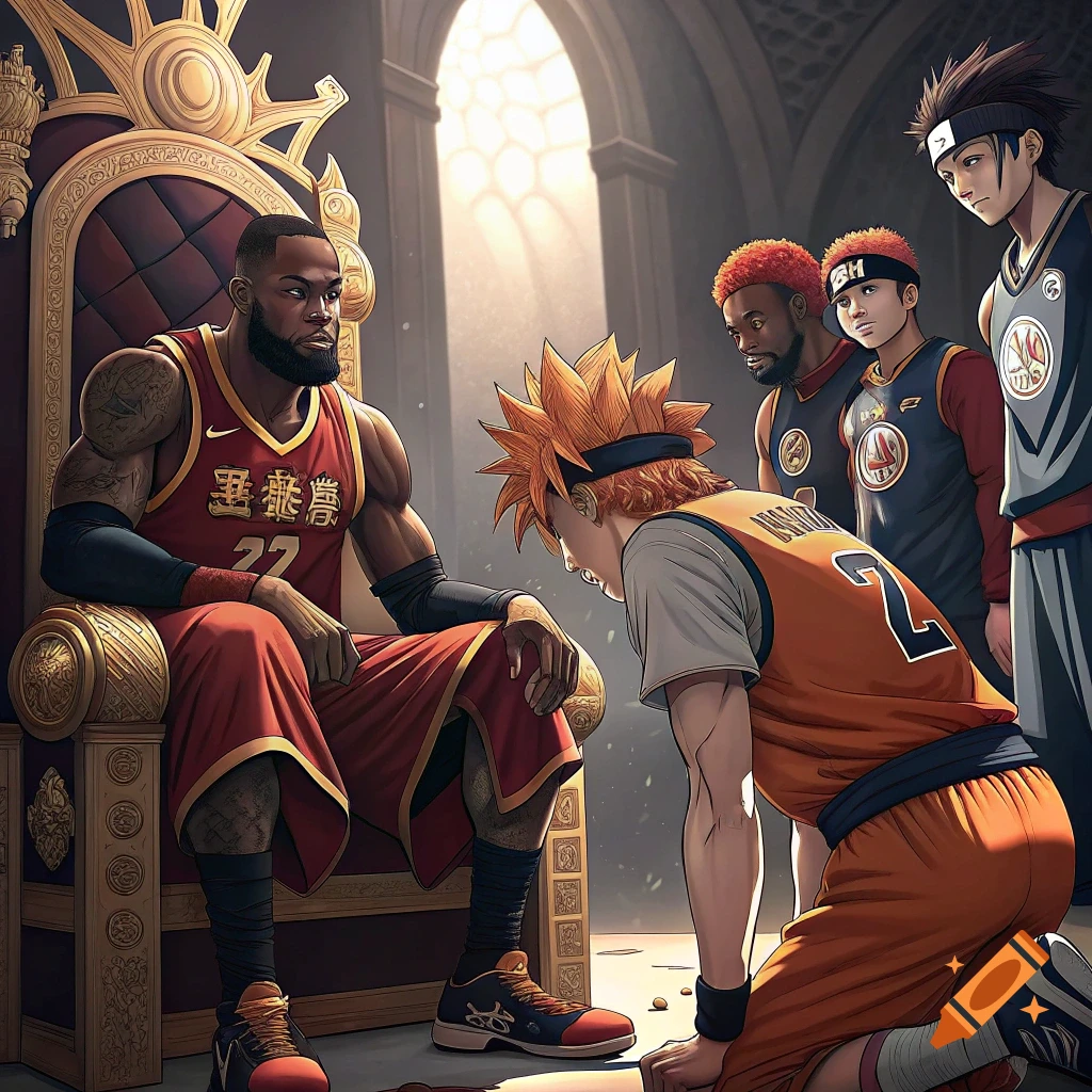 LeBron James as king with Goku, Naruto, Ichigo, and Liffey bowing on ...