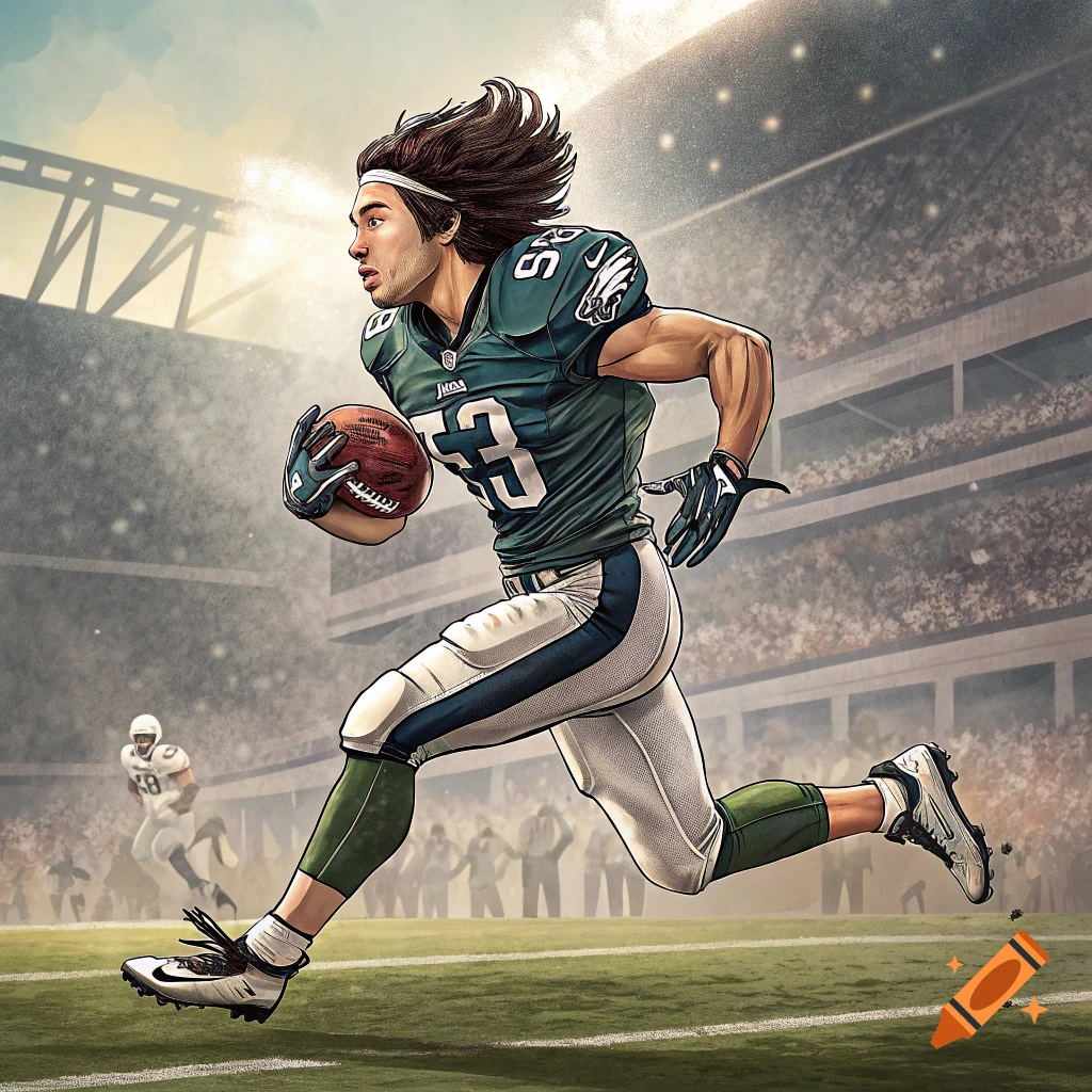 A football player in a teal jersey with number 53 runs with the ball in ...