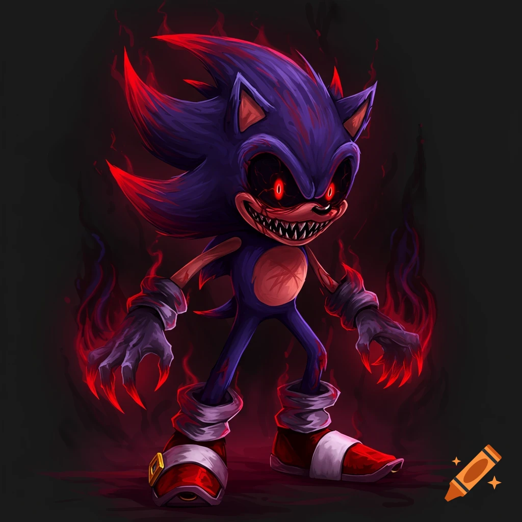 A monstrous dark blue Sonic with sharp teeth, glowing red eyes, and clawed hands stands in a ...