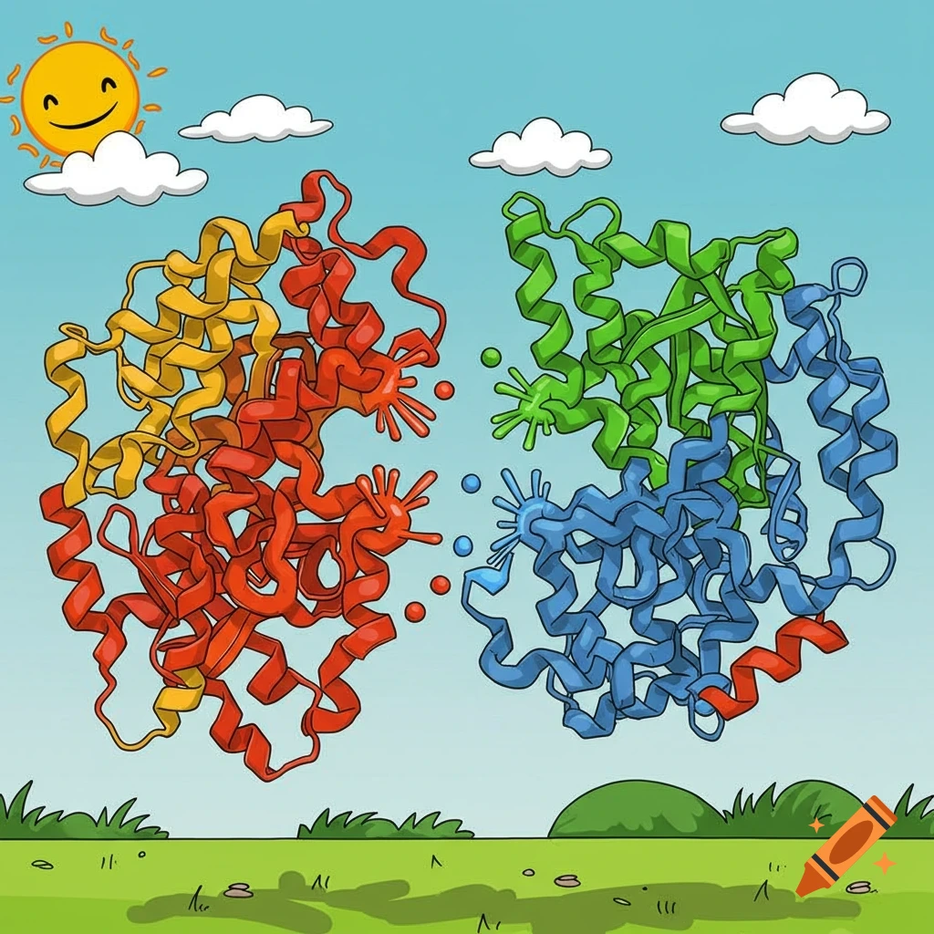 Cartoon illustration of a peptide-protein fusion molecule on Craiyon