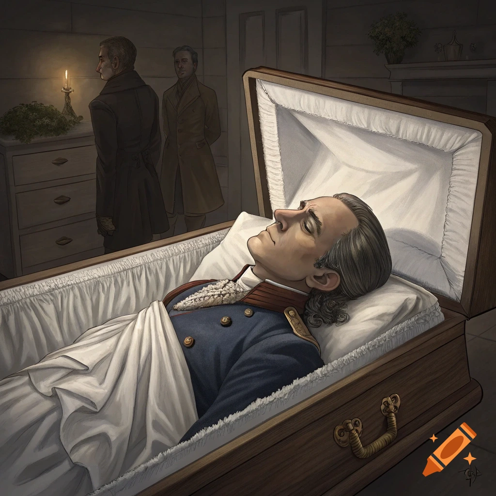 Illustration of a historical man in a coffin, viewed by two figures in ...