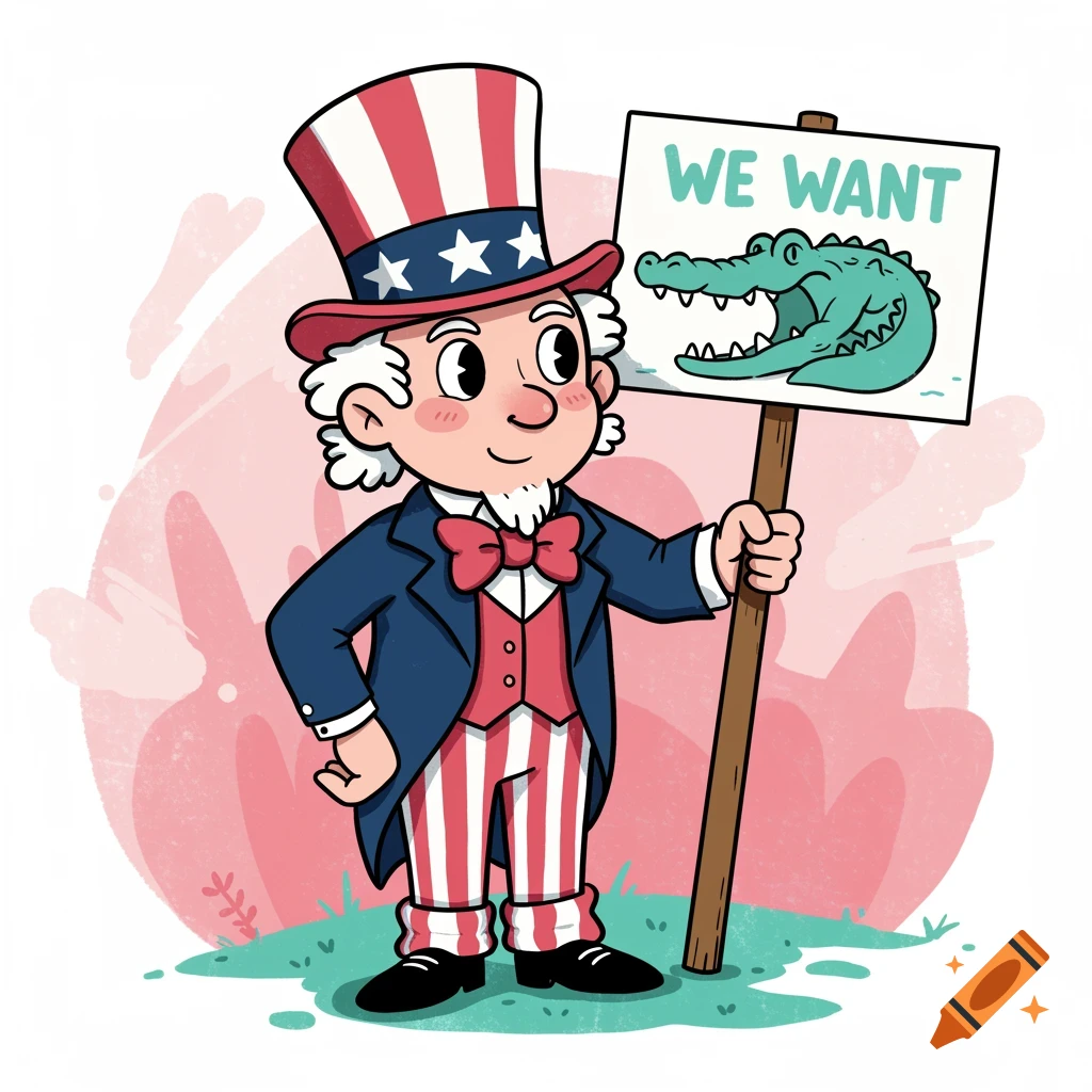 Cute cartoon Uncle Sam alligator in pink and teal on Craiyon