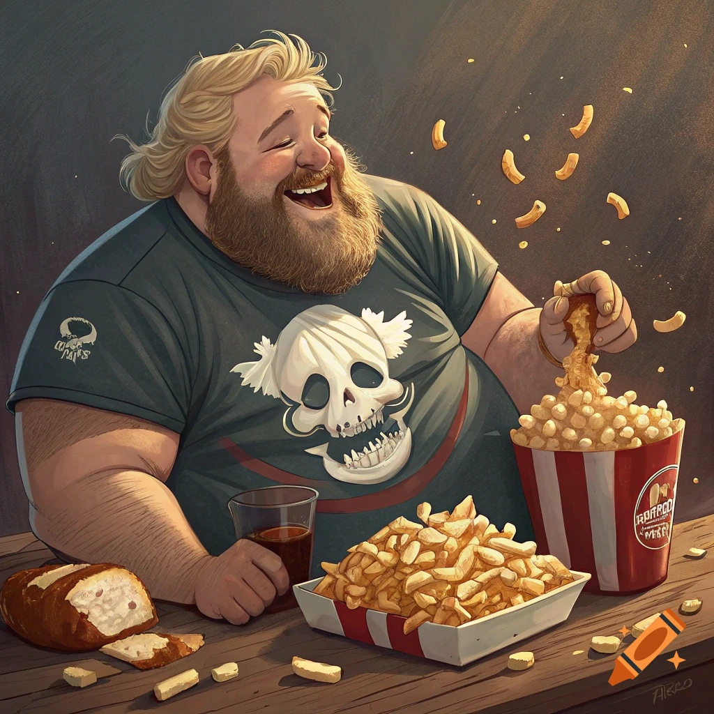 Cartoon illustration of a happy, bearded person with blonde hair eating ...
