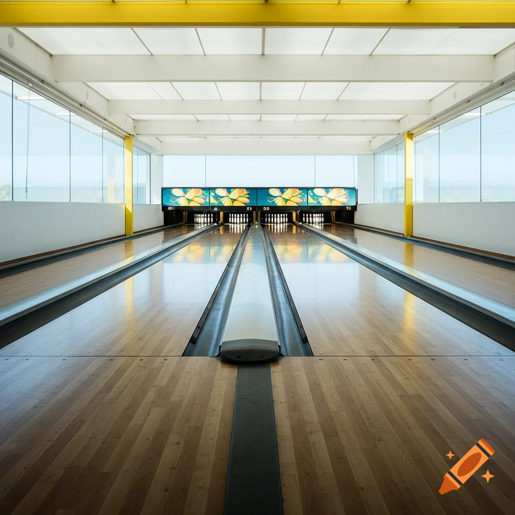 An empty bowling alley with two lanes, pins, and a scoreboard. on Craiyon