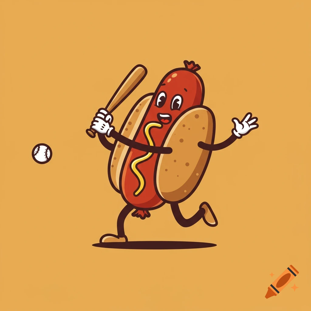 Cartoon hot dog character swinging baseball bat on Craiyon