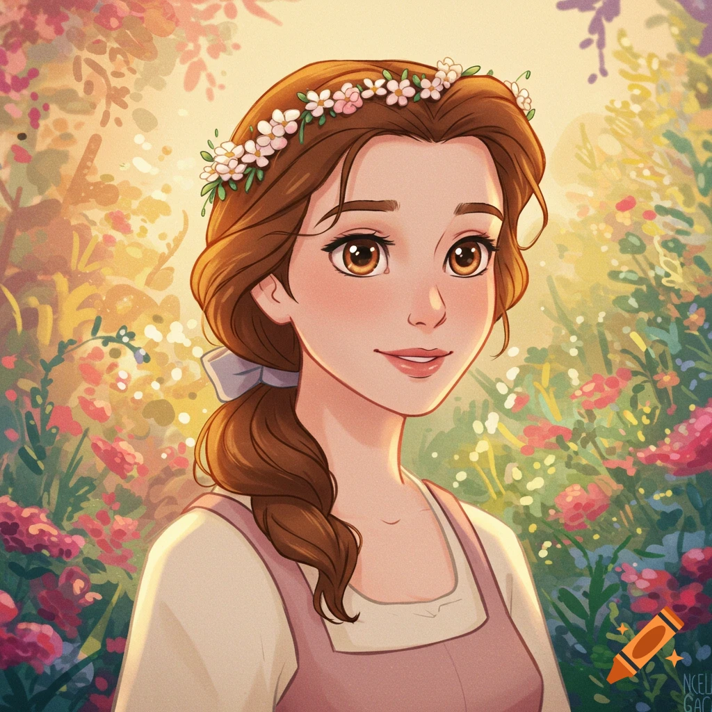 Animated woman wearing a flower crown and apron in a garden, Ghibli ...