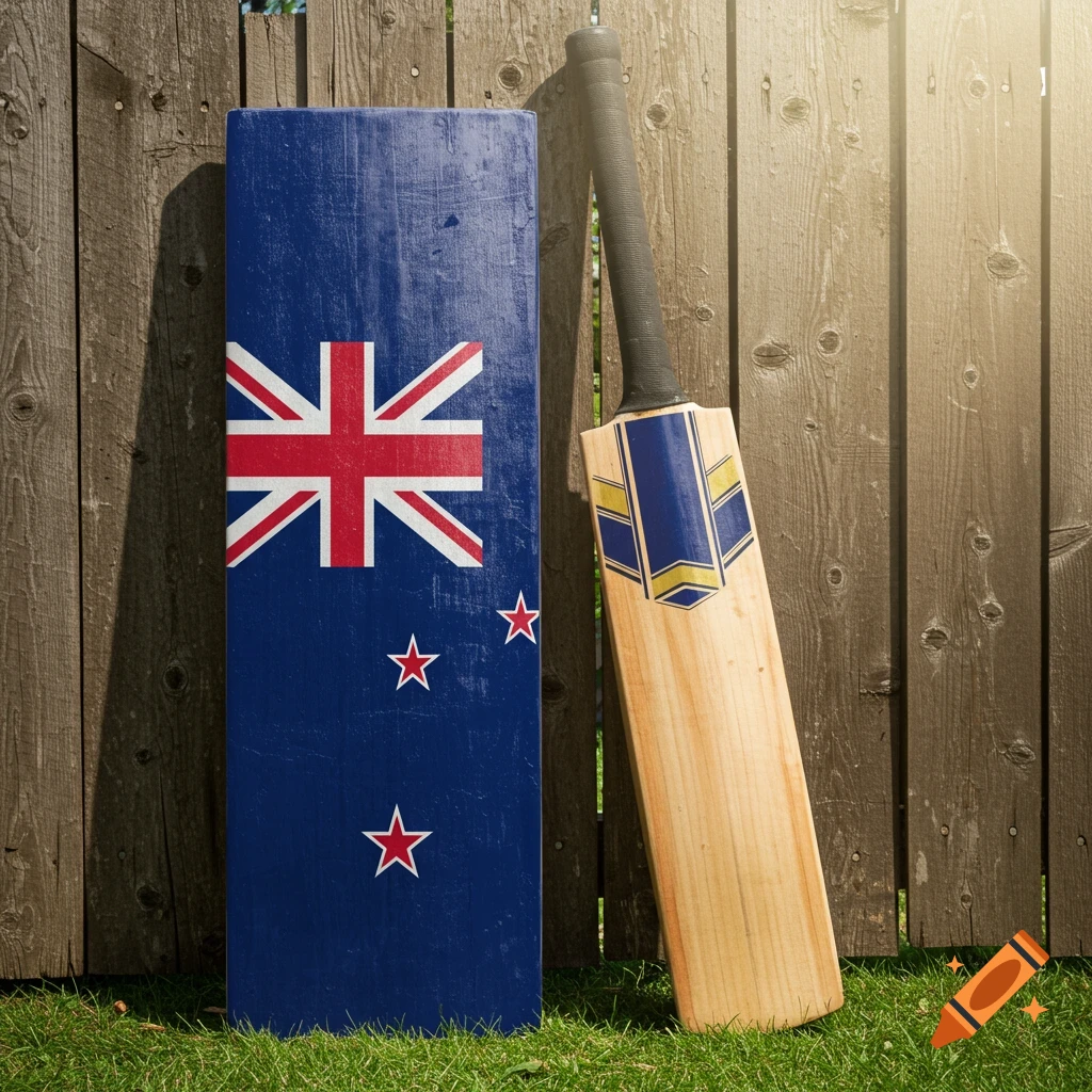 A cricket bat and a board with the New Zealand flag leaning against a ...