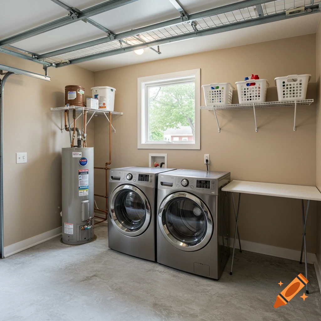Laundry room in a garage with washer, dryer, and water heater on Craiyon