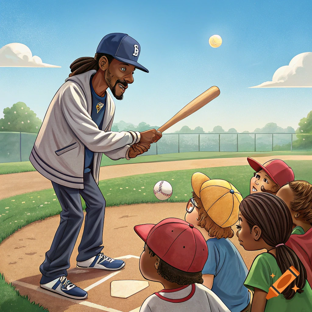Snoop Dogg teaches baseball to a group of kids on a field in an ...
