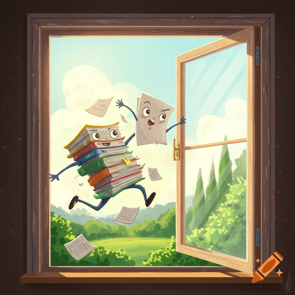 Cartoon illustration of an old man running happily with books floating ...