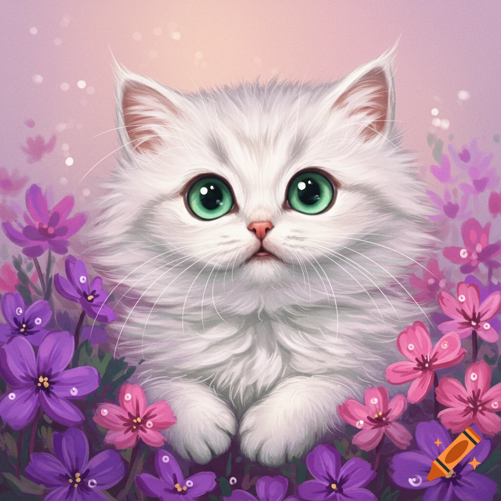 A stylized white cat with green eyes sits in a field of red and purple ...