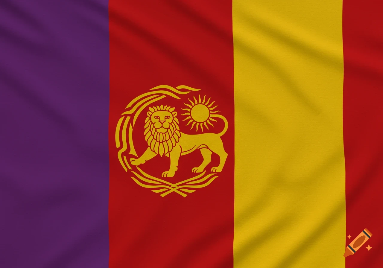 A flag with brown, purple, and yellow stripes featuring a yellow flower ...
