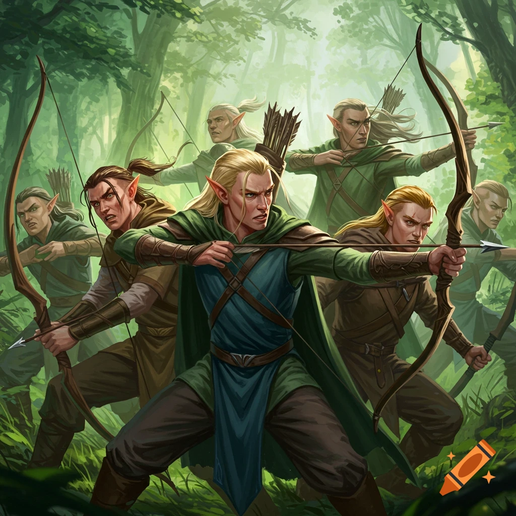 Group of elves with bows aiming forward on Craiyon