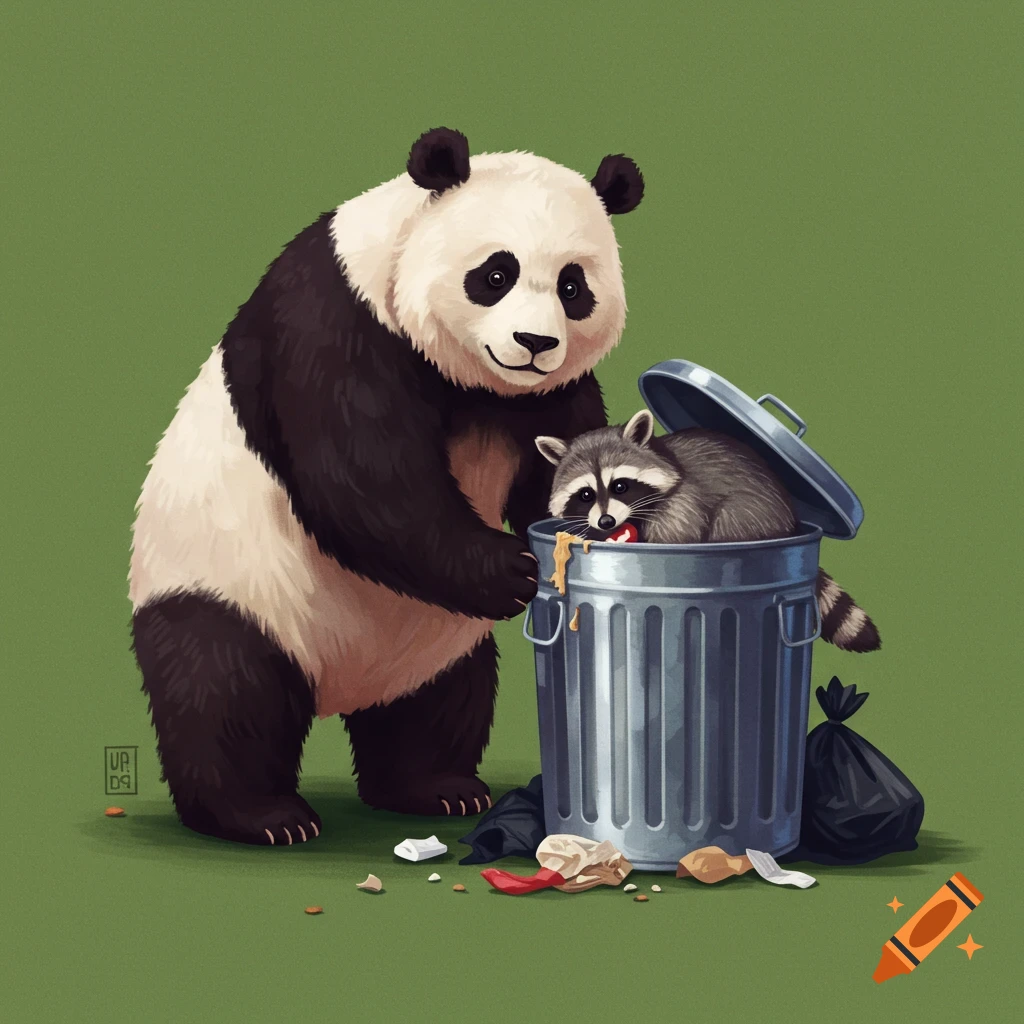 An illustration of a panda reaching into a trash can where a raccoon is ...