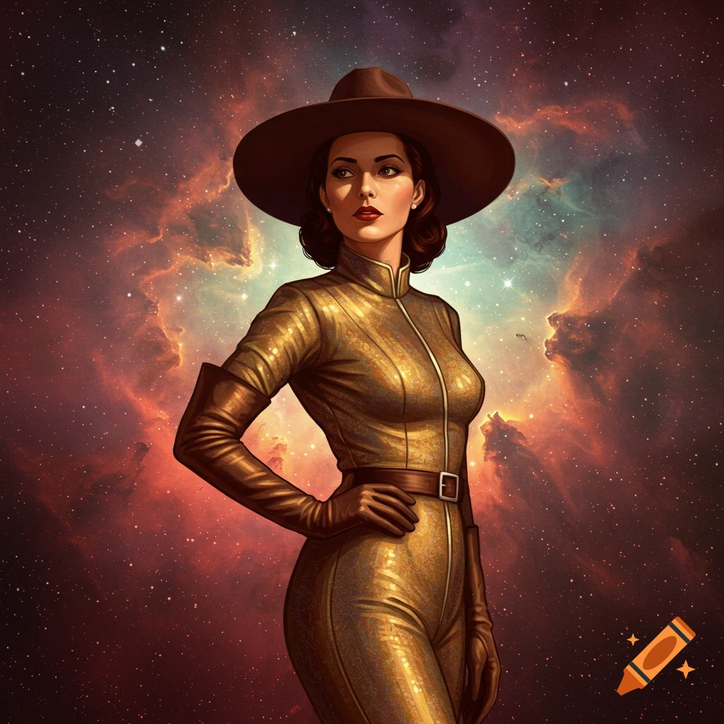 A woman in a golden jumpsuit and brown hat stands against a space nebula background. on Craiyon